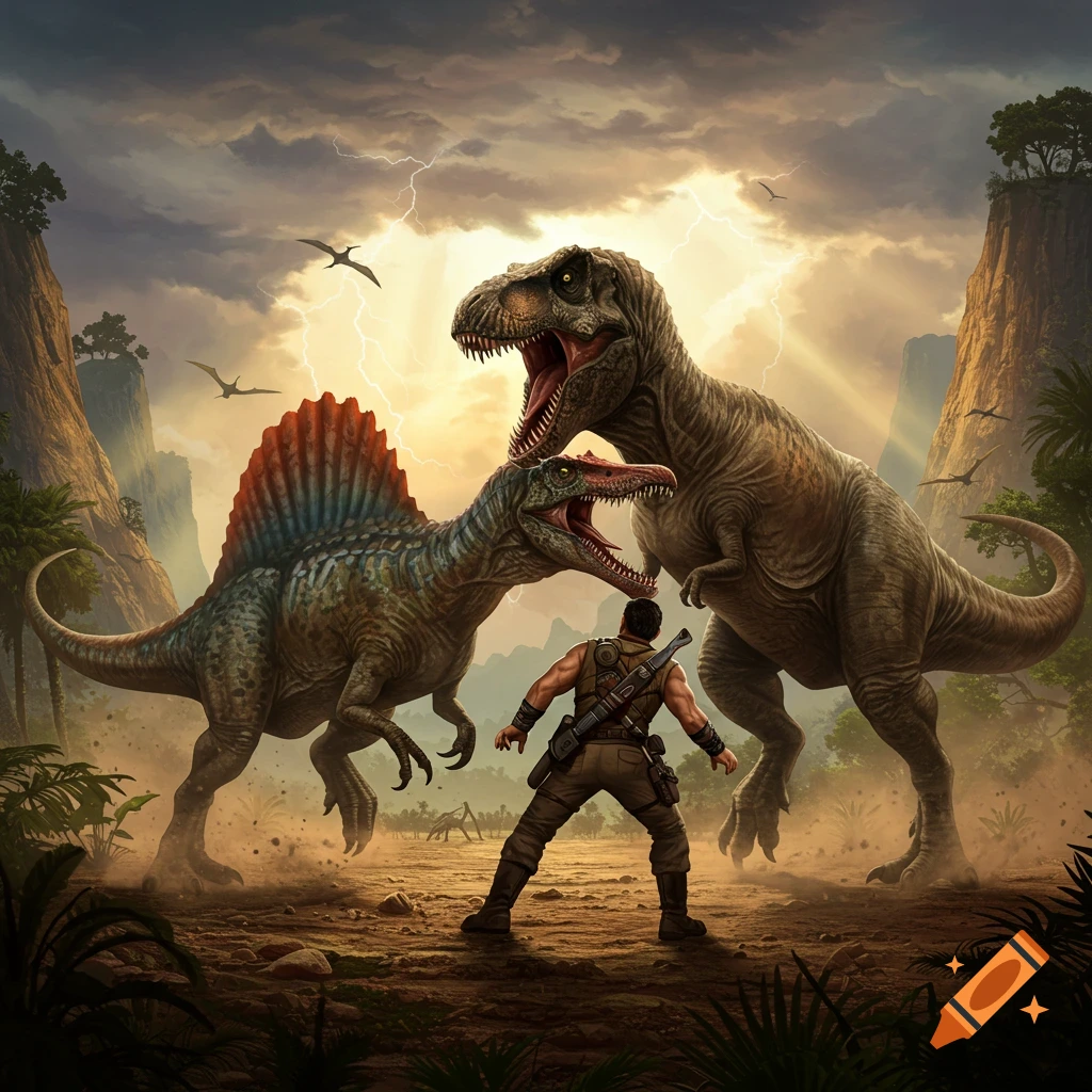 A man with a rifle stands between a large Spinosaurus and a T-Rex in a ...