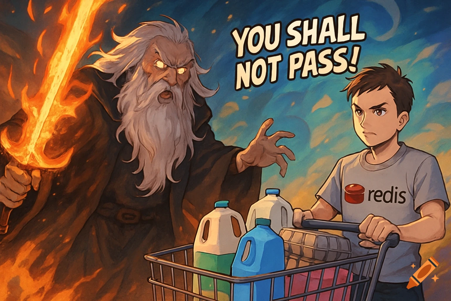 Odysseus offers wine to a large cyclops in a dark cave, in a comic book ...