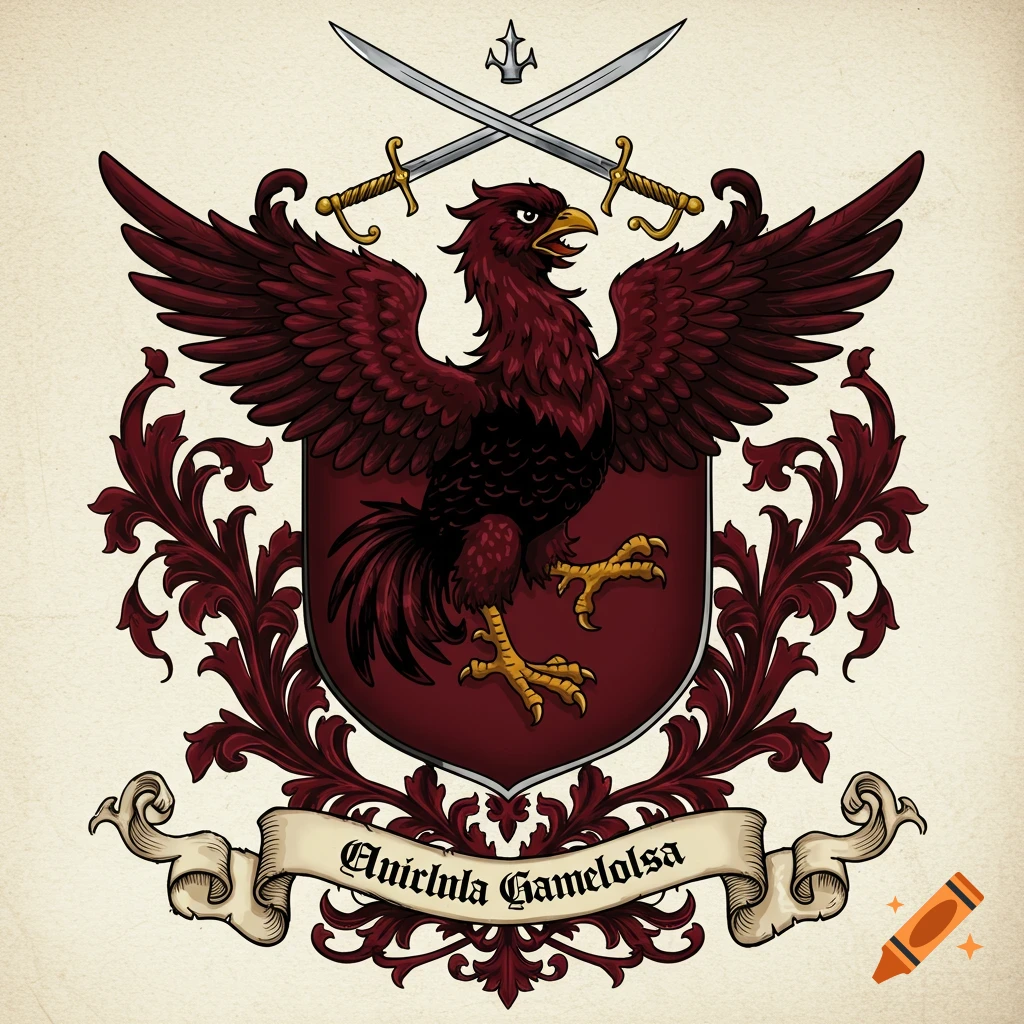 A heraldic crest featuring a black dragon on a golden shield with a ...