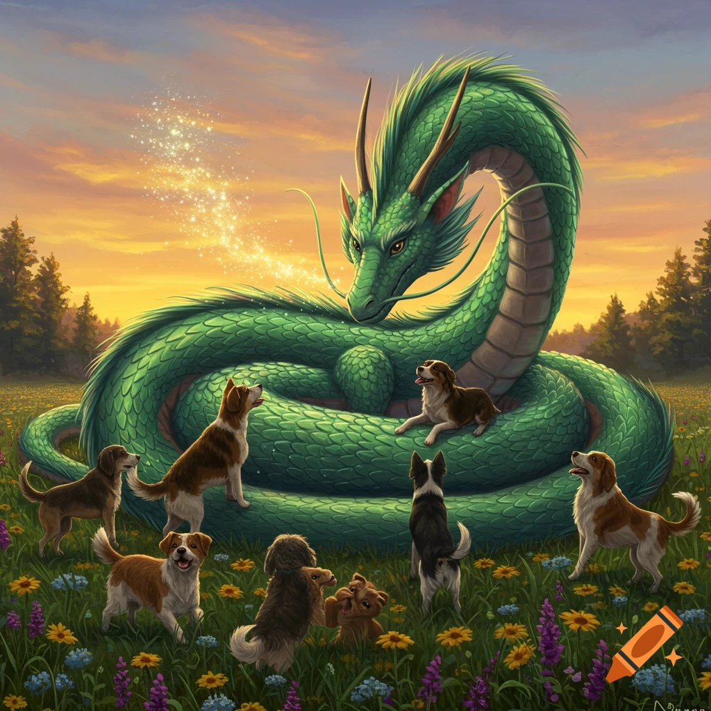 A large green dragon surrounded by several small dogs in a field of ...