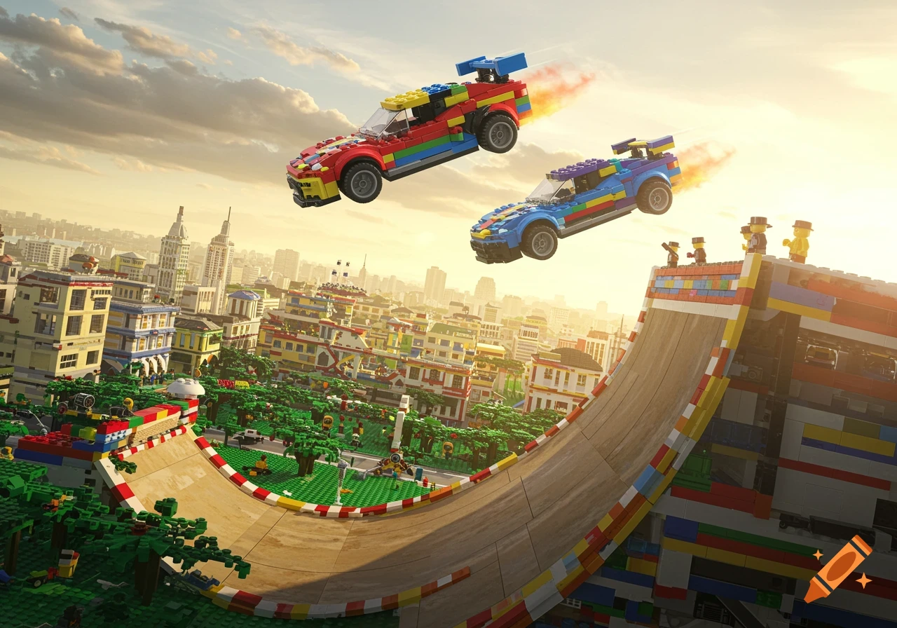 Two colorful Lego race cars fly off a large Lego ramp over a detailed ...