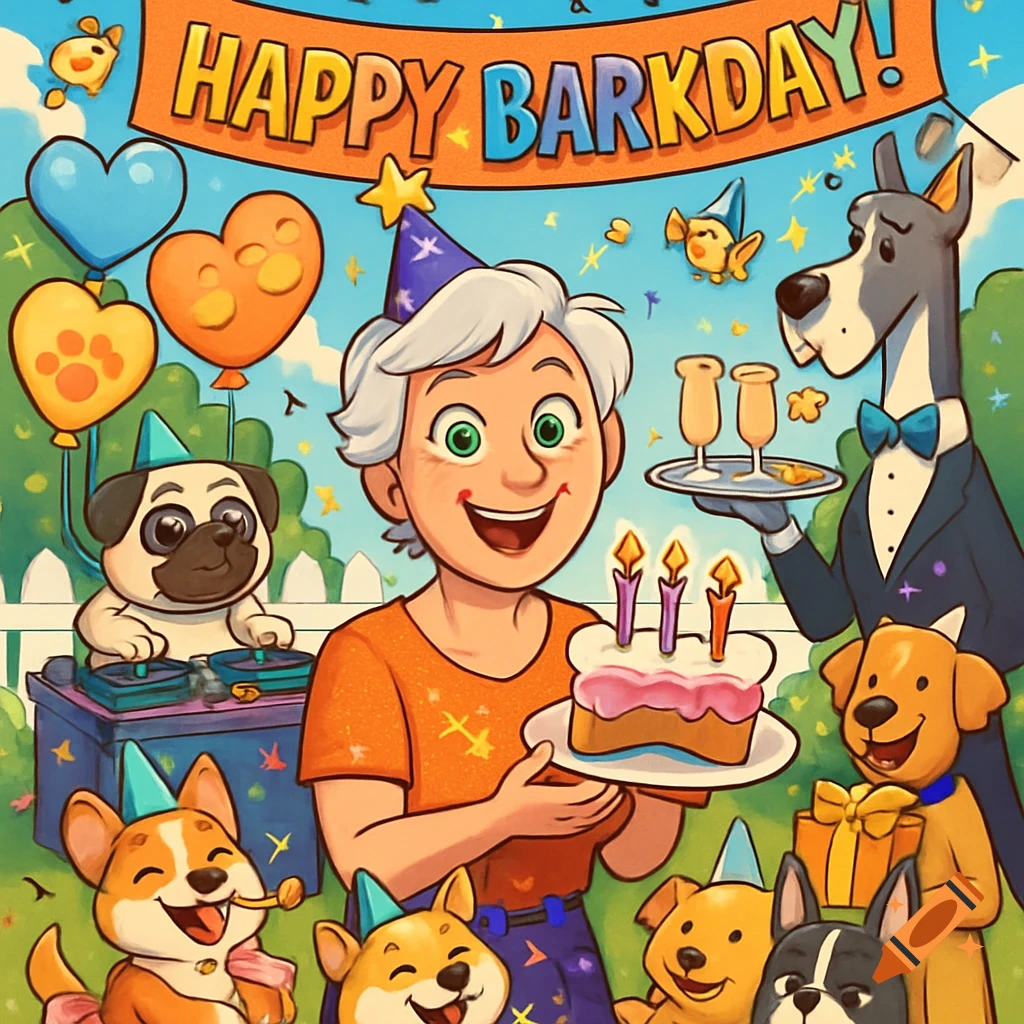 A vibrant cartoon birthday party scene with an older woman in a party ...
