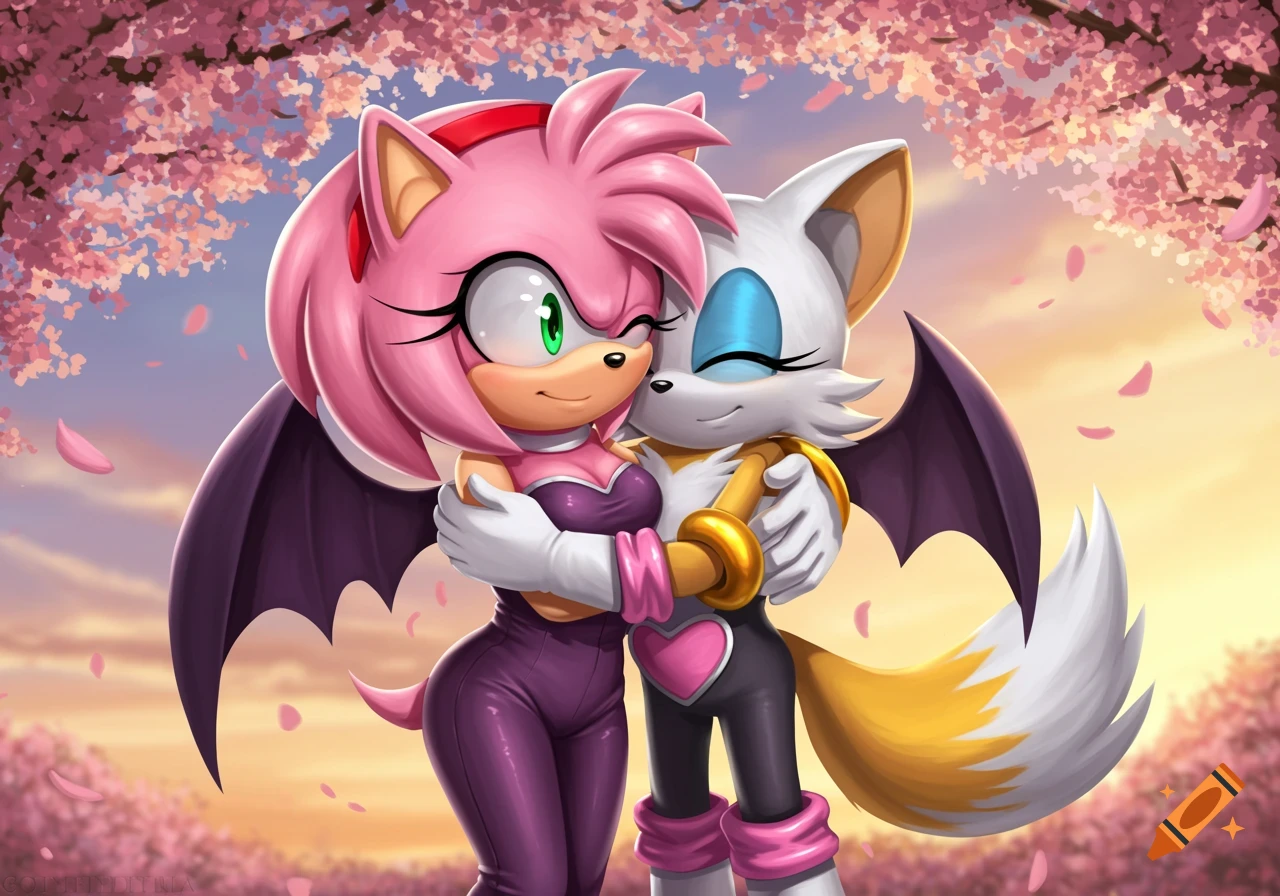 Amy Rose in a red bikini and Rouge the Bat in her regular suit kiss on ...