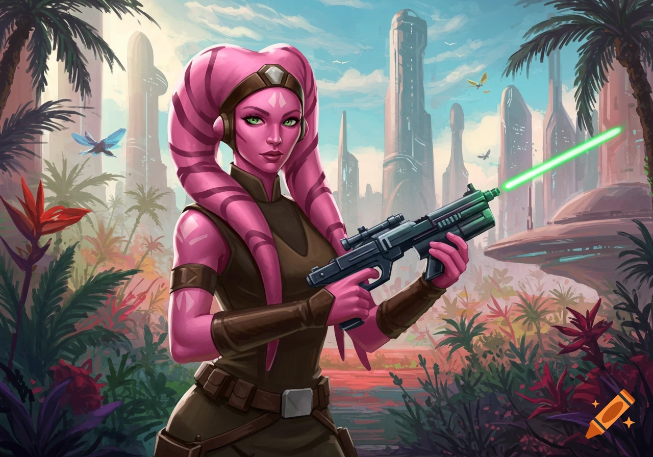 A vibrant digital painting of a pink-skinned Twi'lek woman bounty ...