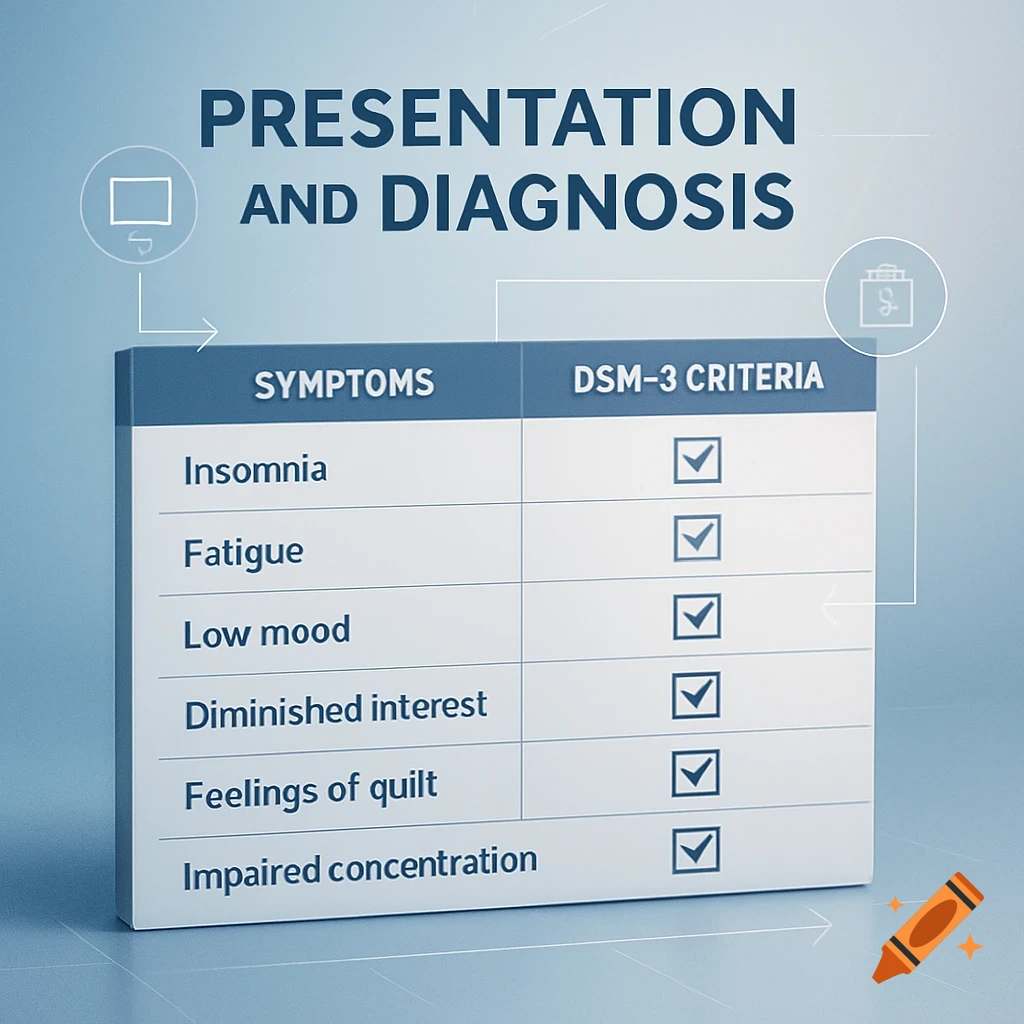 A blue and white table titled 'PRESENTATION AND DIAGNOSIS' listing symptoms like insomnia and ...