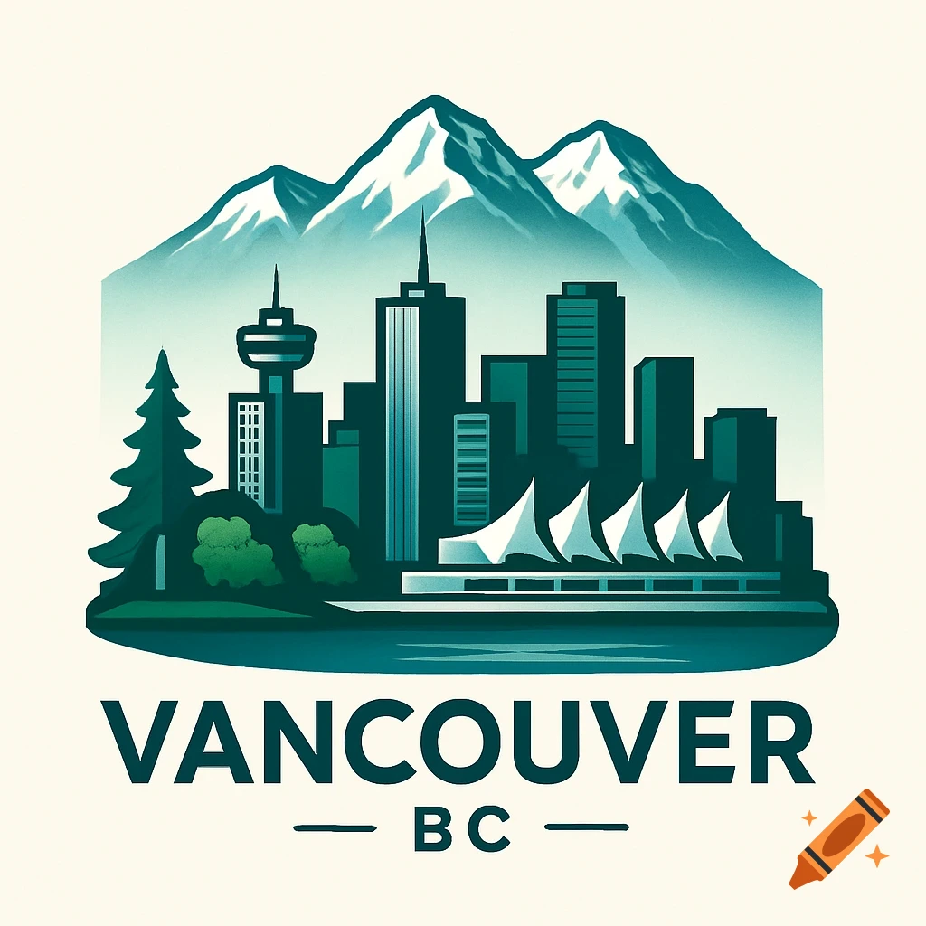 Stylized teal and white logo of the Vancouver skyline with mountains in ...