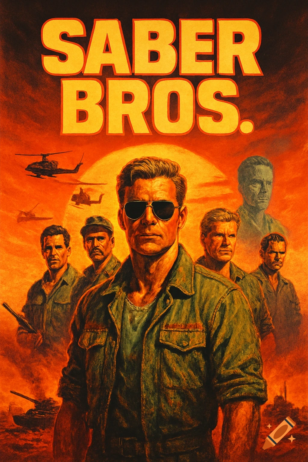 A vintage 80s style military movie poster for 'Saber Bros.' featuring ...