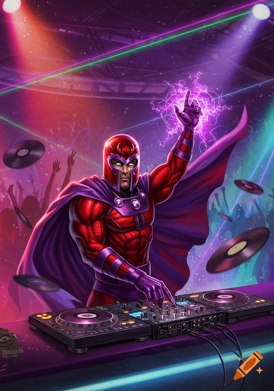 Magneto, in his red and purple costume, DJing at a party with laser ...