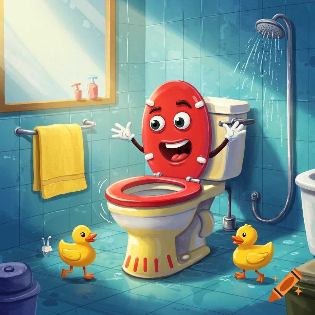 A whimsical white toilet with a cartoon face and black top hat stands ...