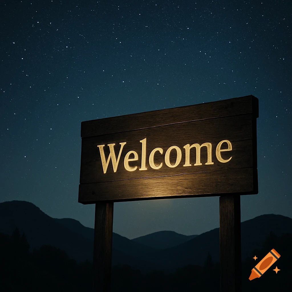A backlit wooden sign saying Welcome at night under a starry sky, with ...