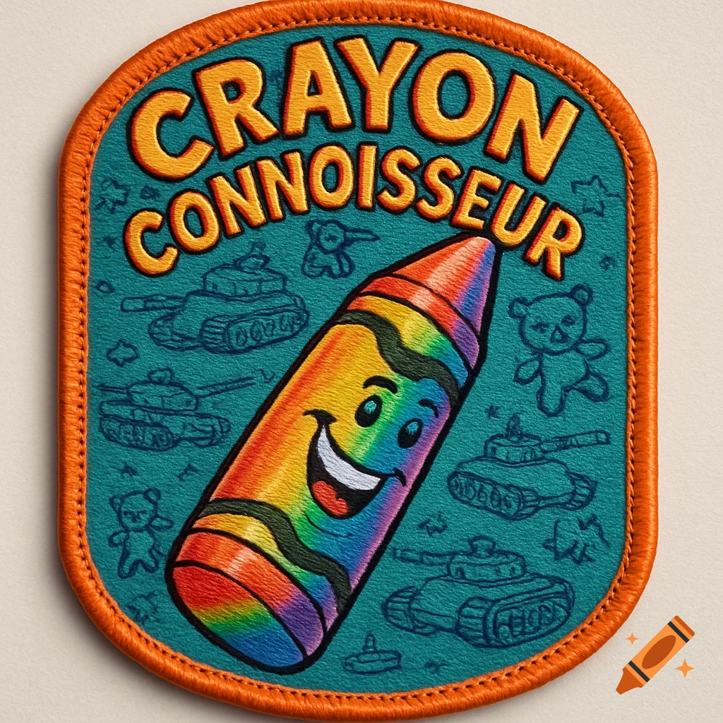 An oval embroidered patch with a smiling rainbow crayon, text 'CRAYON ...