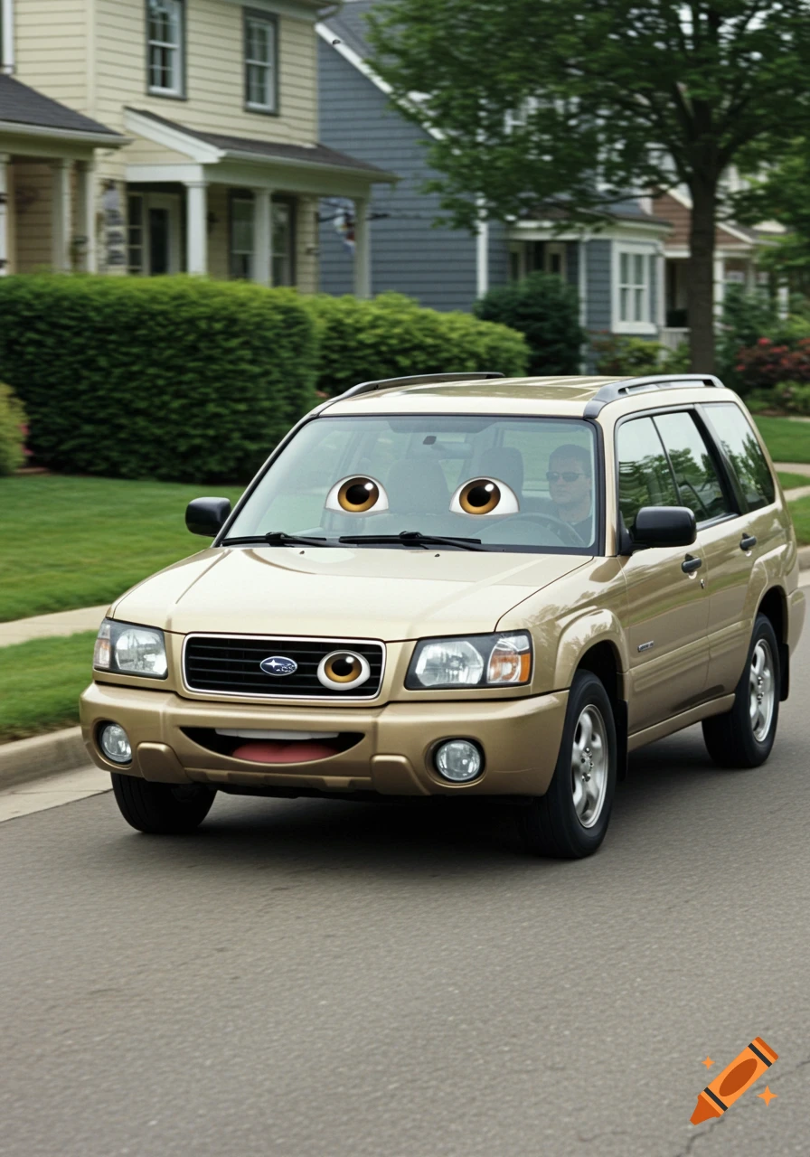 A gold Subaru Forester with large cartoon eyes on the windshield and a ...
