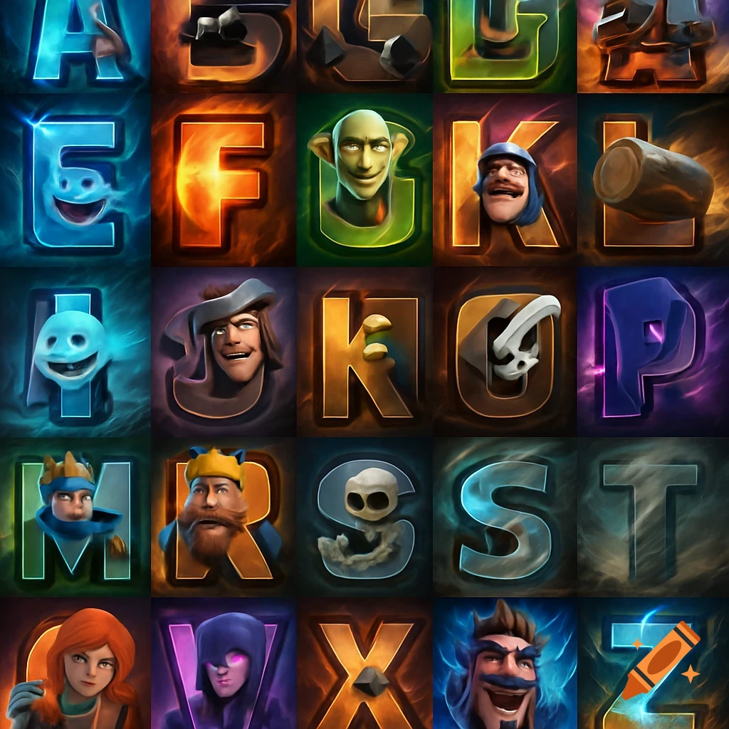 A grid showing stylized, glowing alphabet letters, each containing a ...