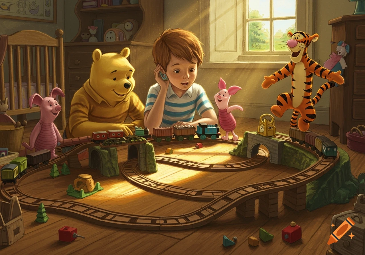 Winnie the Pooh, Piglet, and Eeyore stand together in a field under a ...