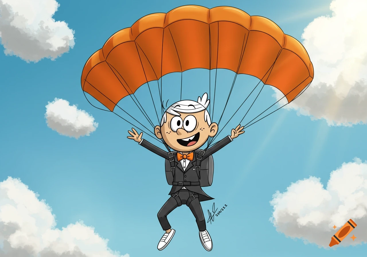 Lincoln Loud, an animated character, floats safely under an orange ...