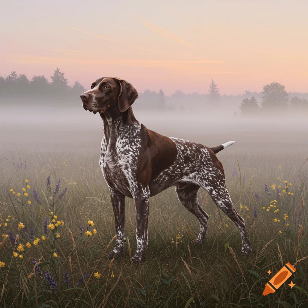 A brown and white German Shorthaired Pointer stands in a misty field at ...