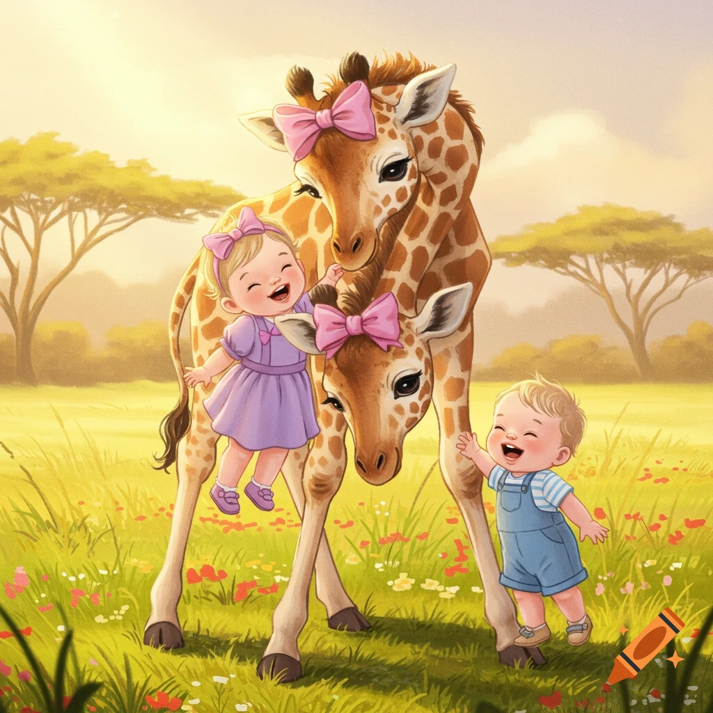 Two smiling baby giraffes with pink bows and two laughing baby children ...