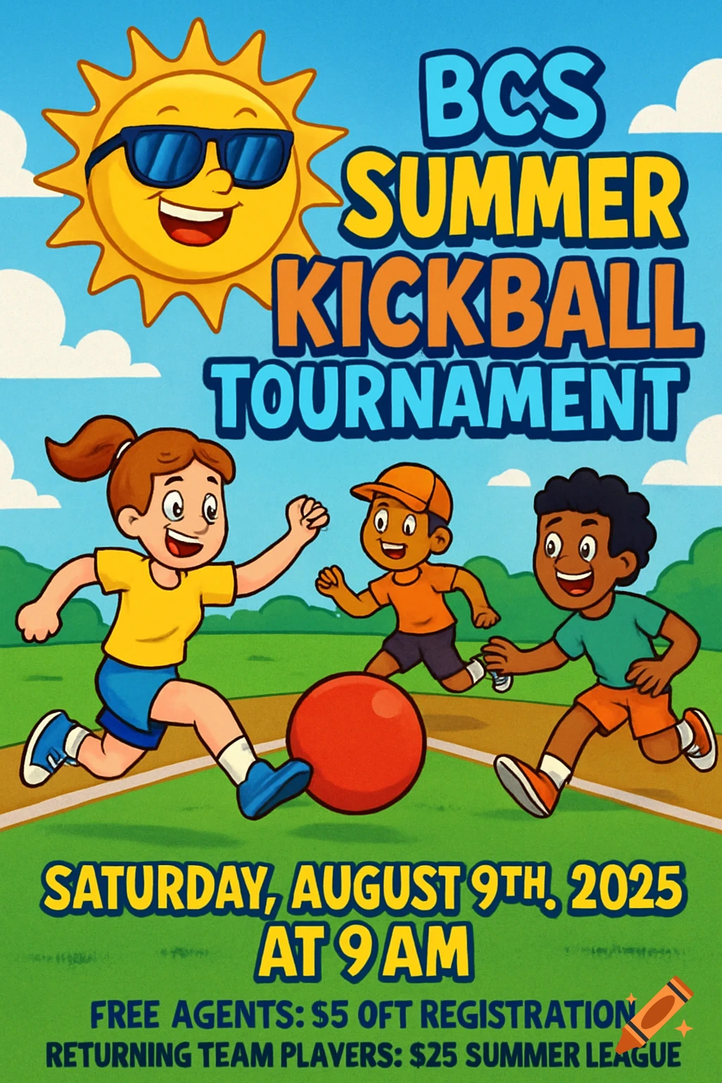 A colorful cartoon flyer for the BCS Summer Kickball Tournament ...