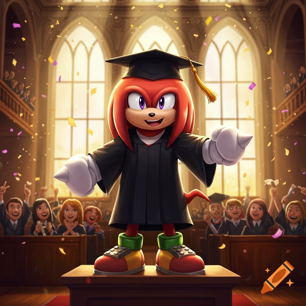Knuckles the echidna in a graduation cap and gown, standing on a podium ...