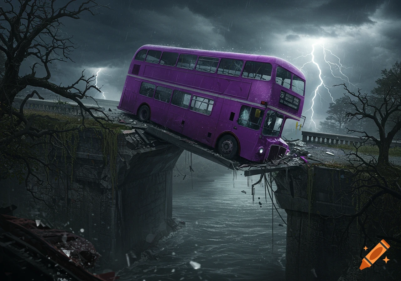 A purple double-decker bus is precariously balanced on a broken bridge ...