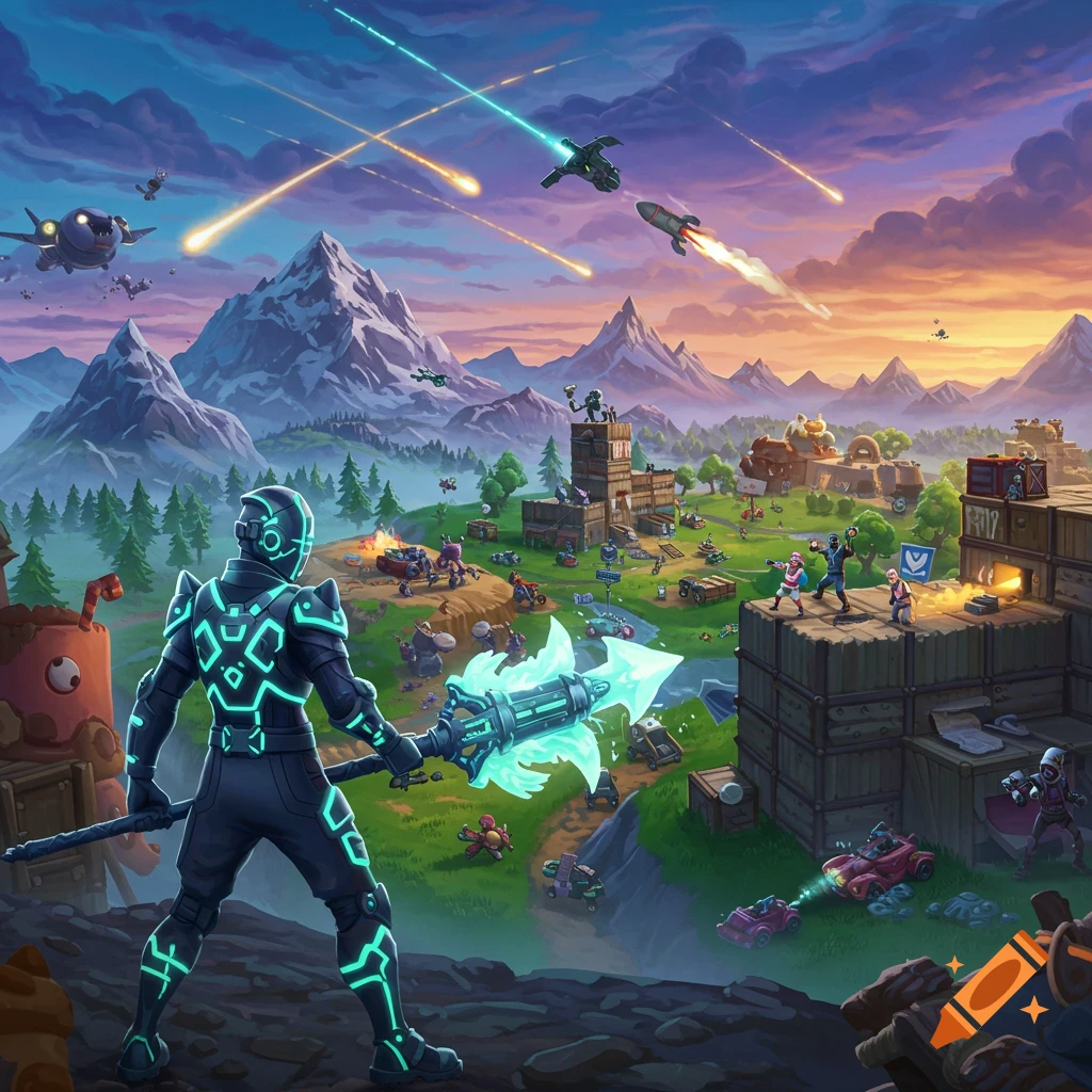 Illustrated Fortnite character jumping in a colorful landscape. on Craiyon