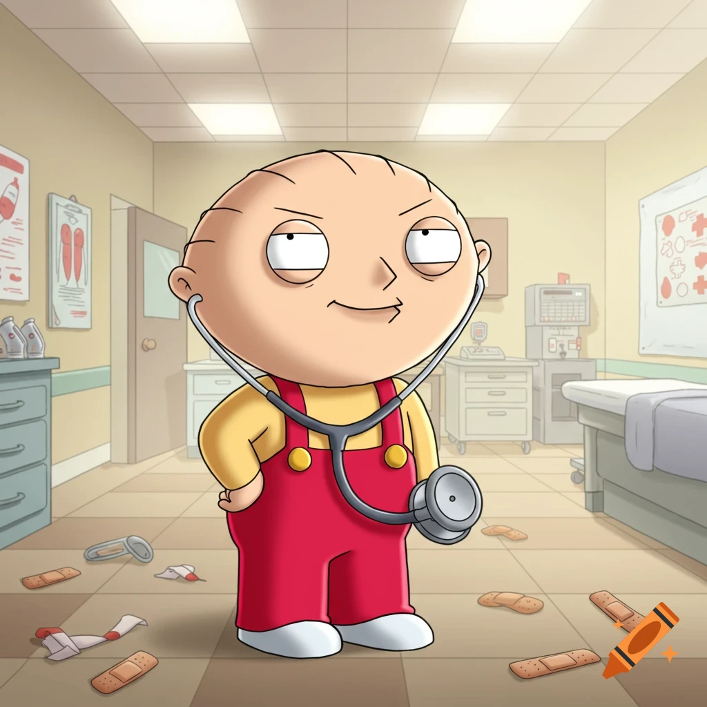 Stewie from Family Guy wearing a stethoscope in a doctor's office with ...