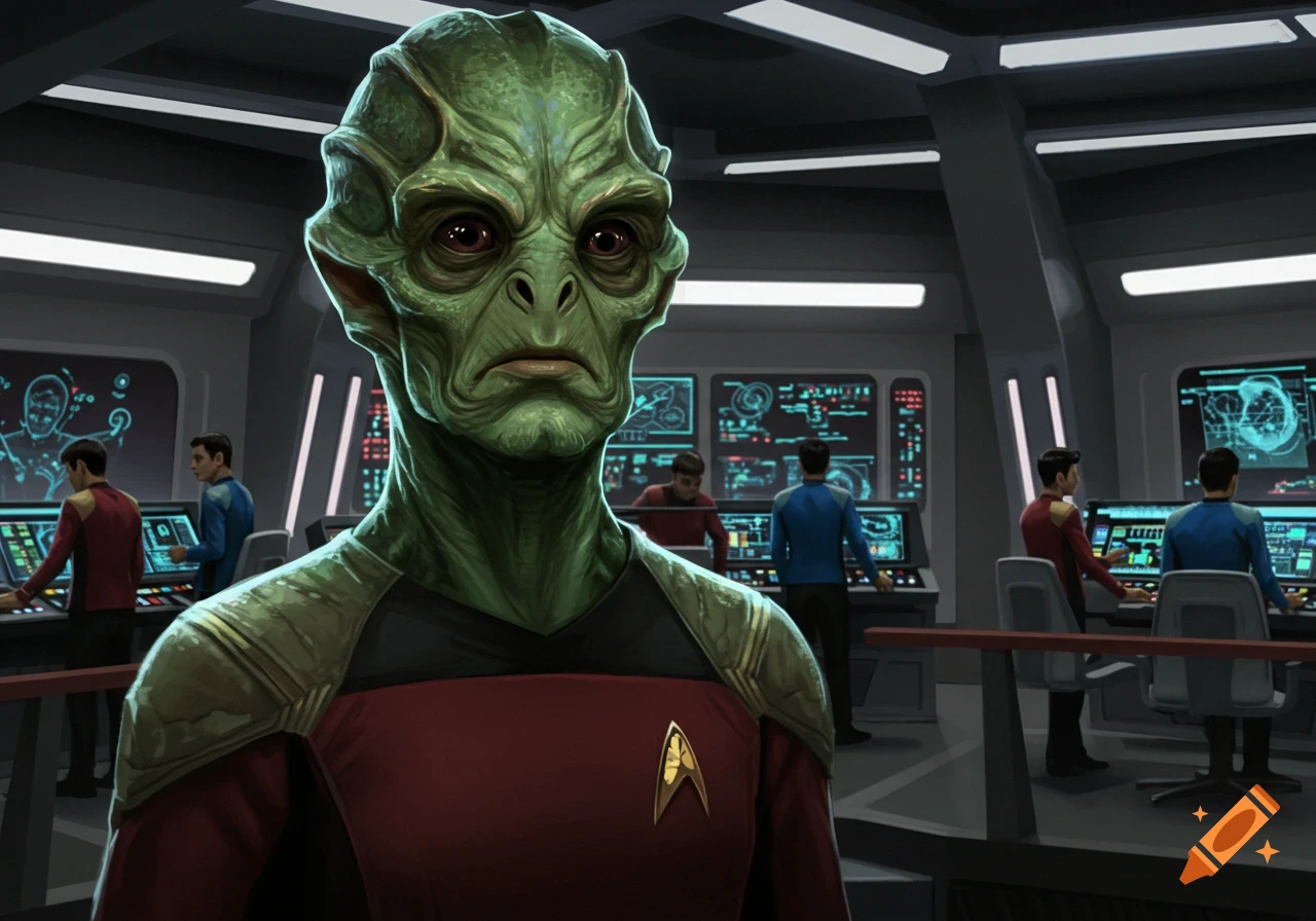 A green-skinned alien in a red uniform stands on the bridge of a ...