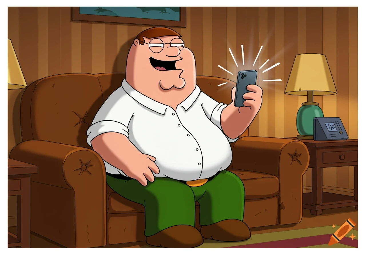 Peter Griffin, a cartoon man, sits on a brown couch laughing at his ...
