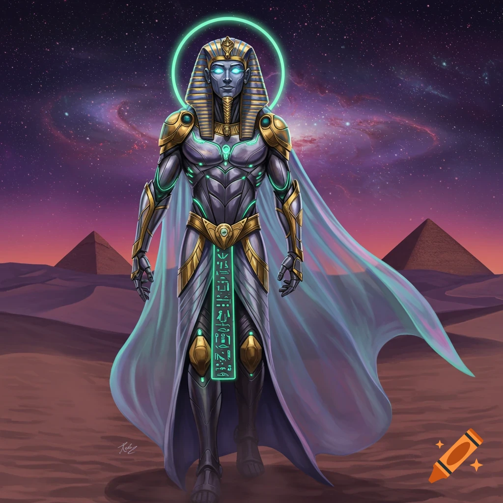 A futuristic pharaoh-like robot with glowing blue eyes and neon green ...