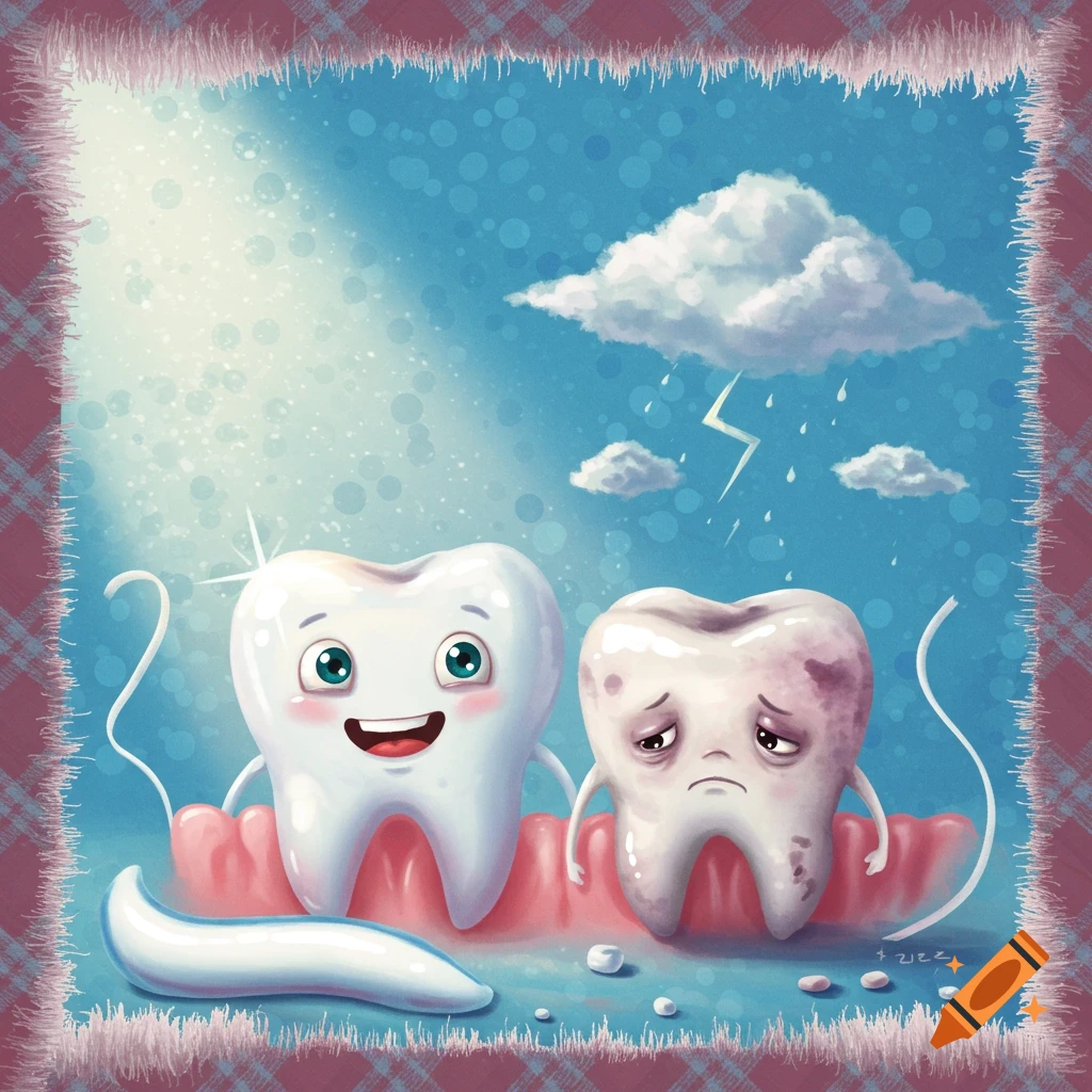 A cartoon illustration showing a happy, clean tooth next to a sad ...