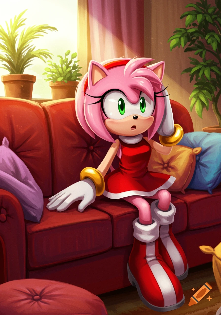 Amy Rose, a pink hedgehog in a red dress, runs and waves in a vibrant ...