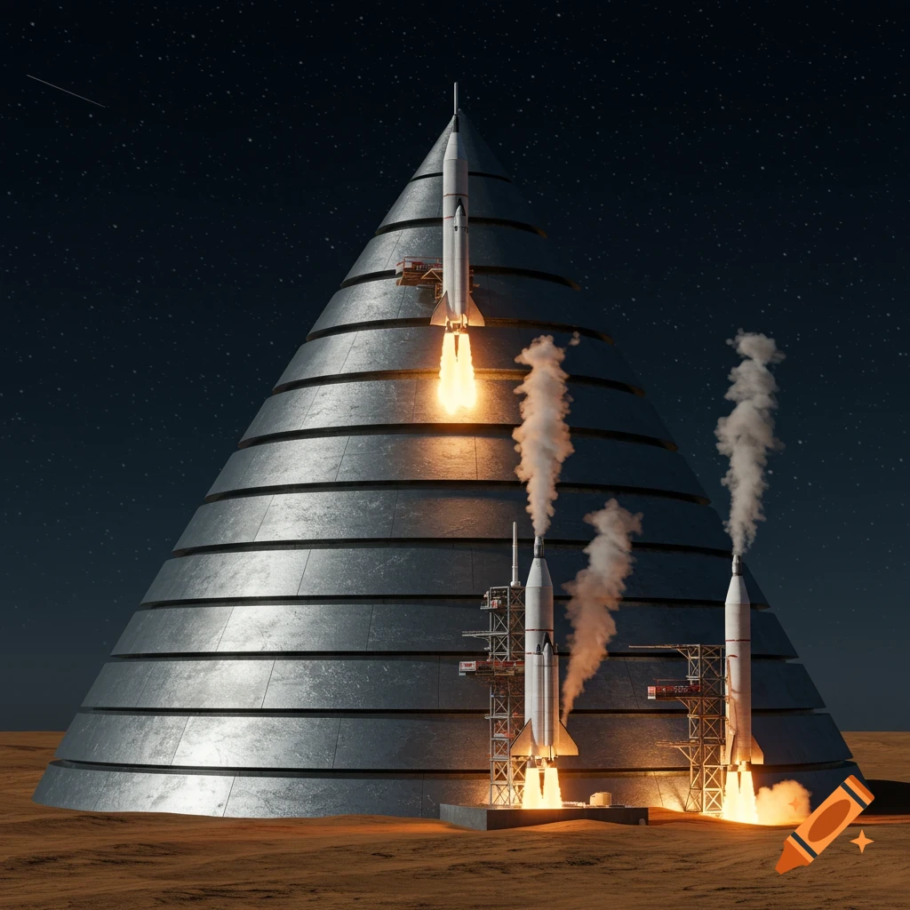 Photorealistic image of a large, conical metal pyramid serving as a ...