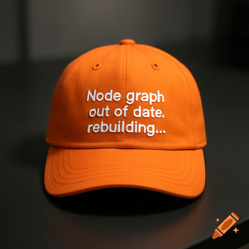 An orange baseball cap with white embroidered text 'Node graph out of ...