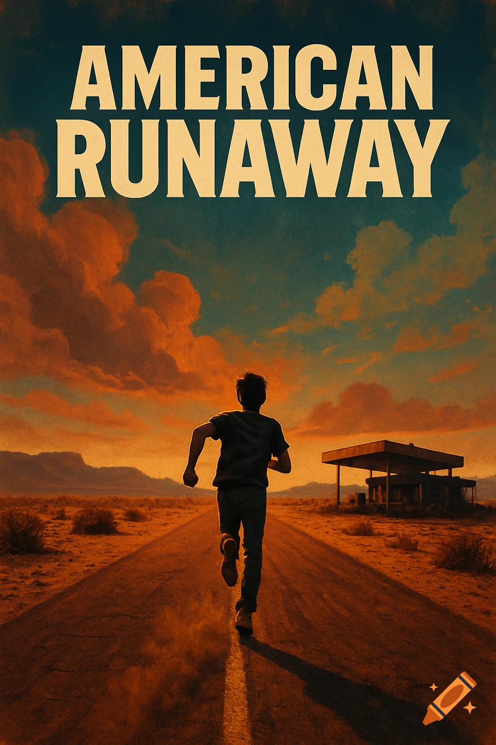 A stylized movie poster titled 'AMERICAN RUNAWAY' showing a person ...
