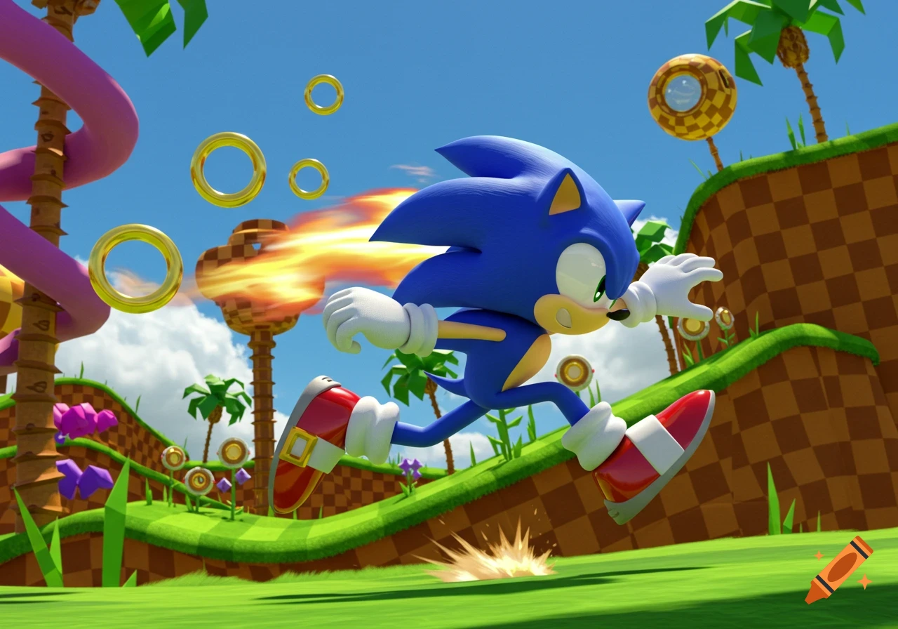 Sonic the Hedgehog runs on a green checkered hill with golden rings ...