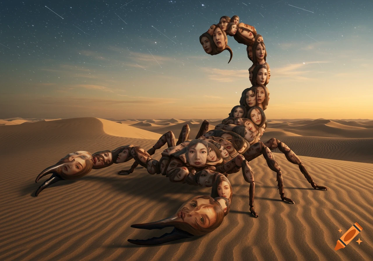 A surreal scorpion made of many human faces stands in a vast desert at ...