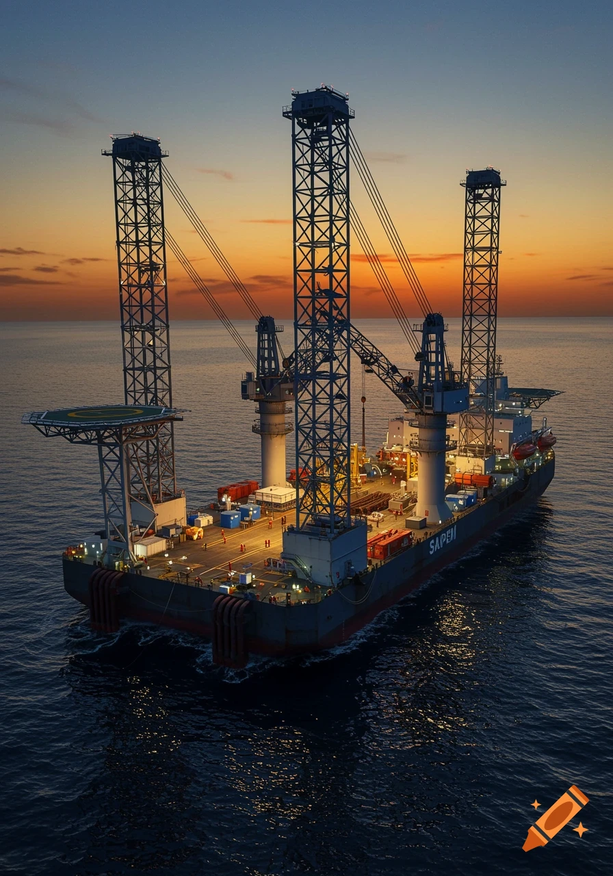 A massive Saipem 7000 offshore crane vessel sails on the calm ocean at sunset, casting ...