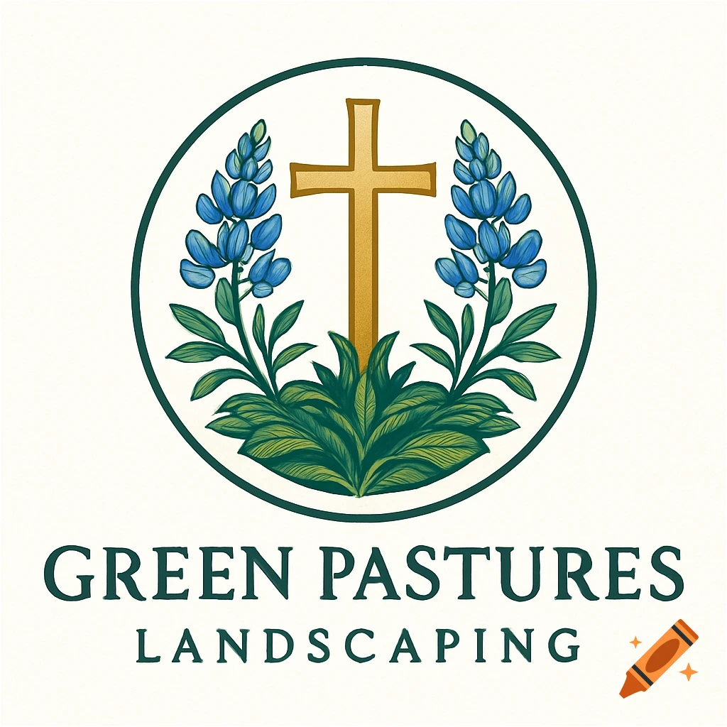 A logo featuring a gold cross flanked by blue flowers and green leaves ...