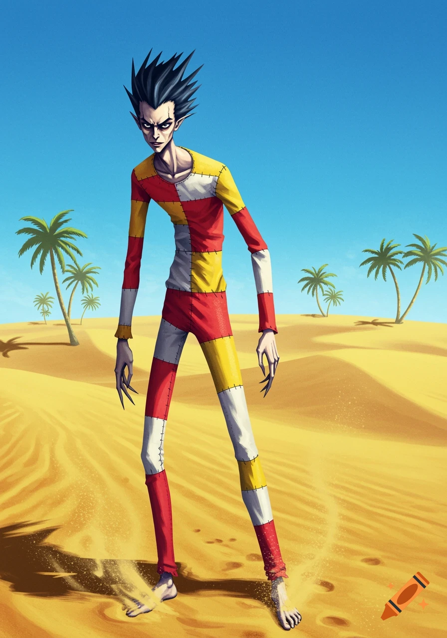 A tall, lanky character with spiky dark hair and an evil expression ...