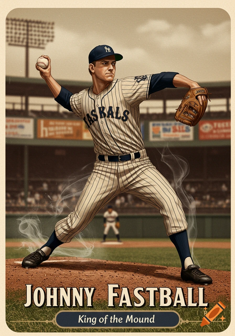 A vintage-style illustration of a baseball pitcher in a striped uniform ...