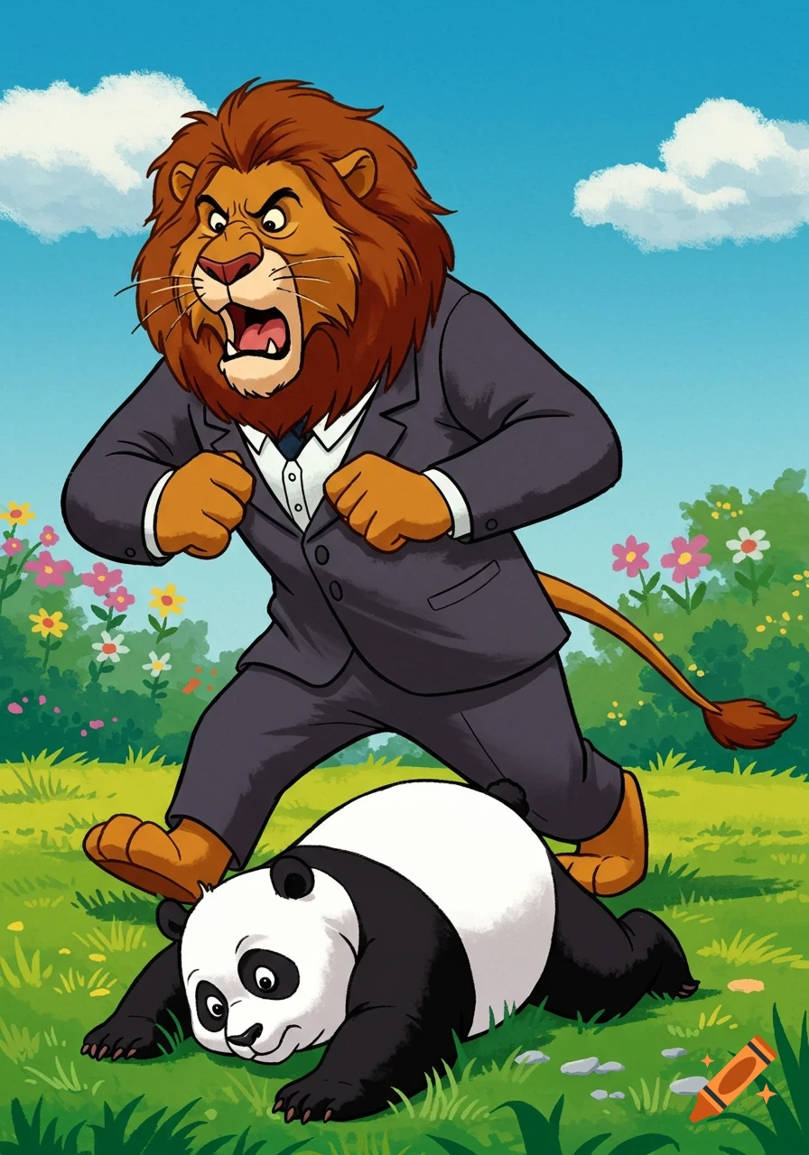 A cartoon lion in a suit angrily walks over a panda lying on the grass ...