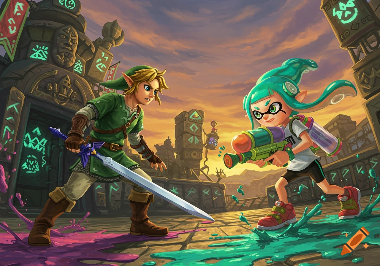 Anime characters Min Min and Toon Link stand ready on a wooden pirate ...