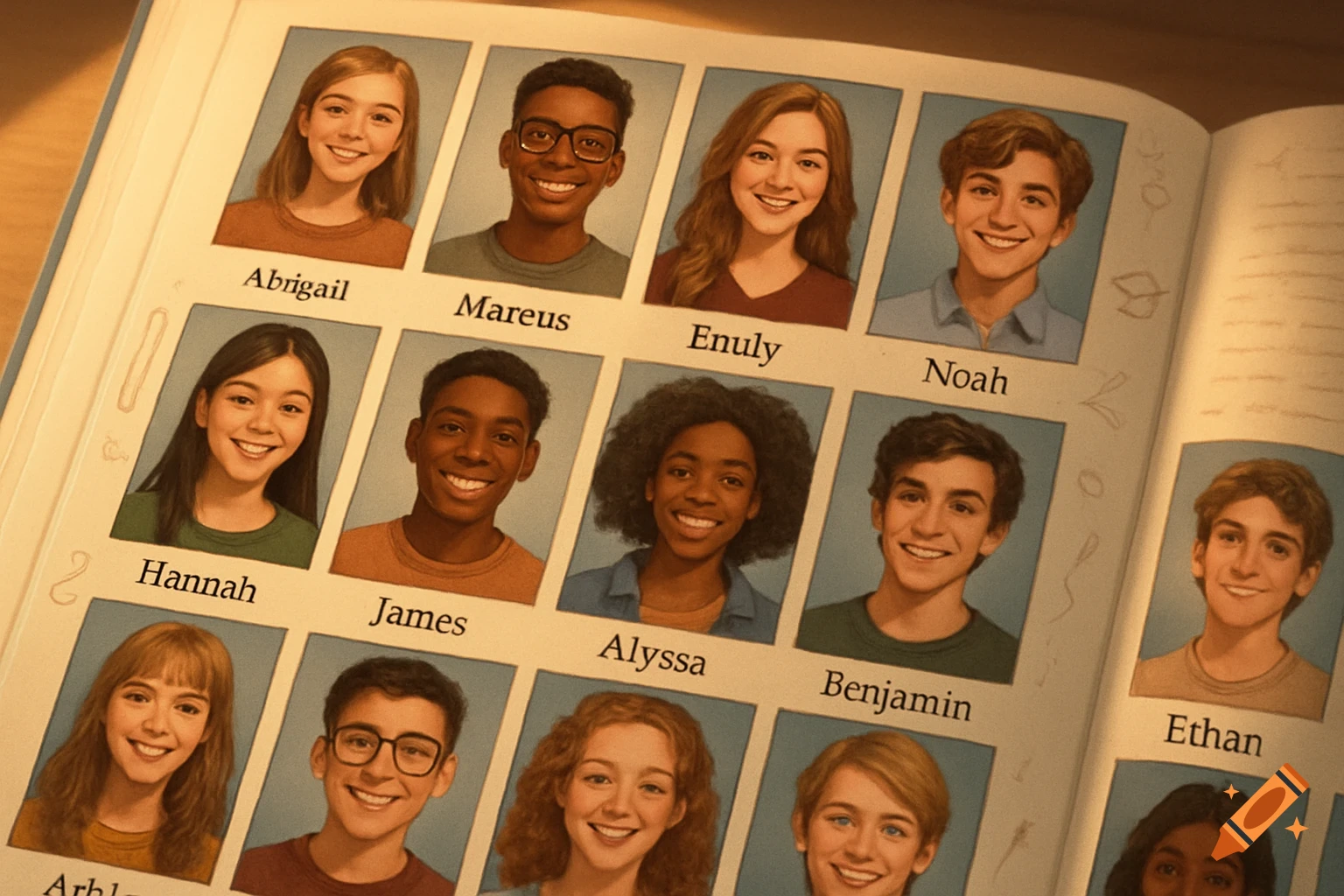 A Two Page Spread of a High School Yearbook With Stylized, Smiling ...