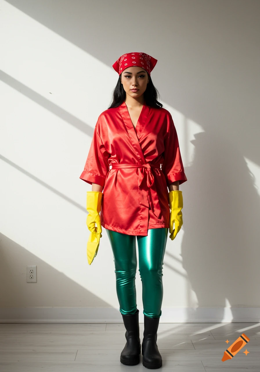 A woman wearing a red bandana, red satin robe, green shiny pants ...