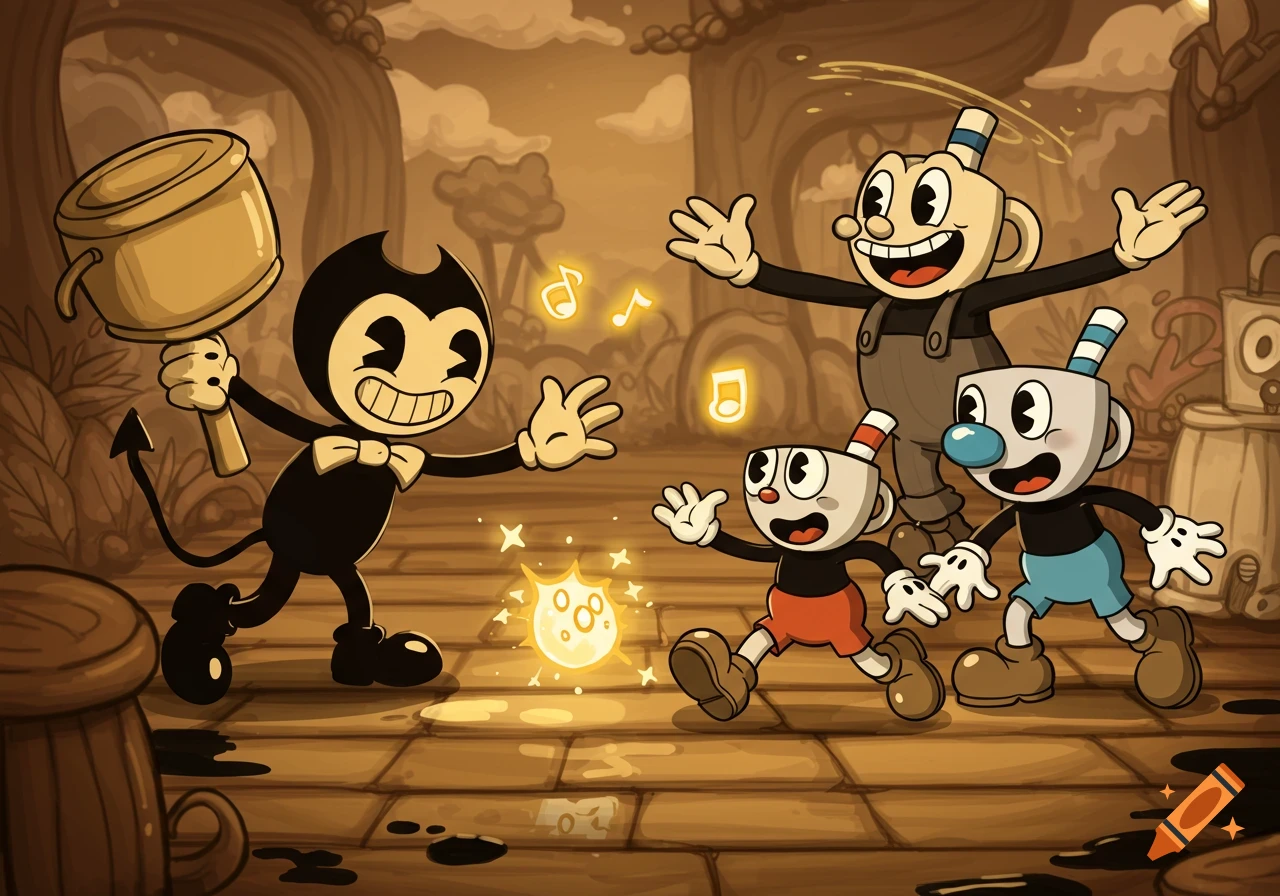 Bendy, Cuphead, Mugman, and another cup-headed character joyfully ...