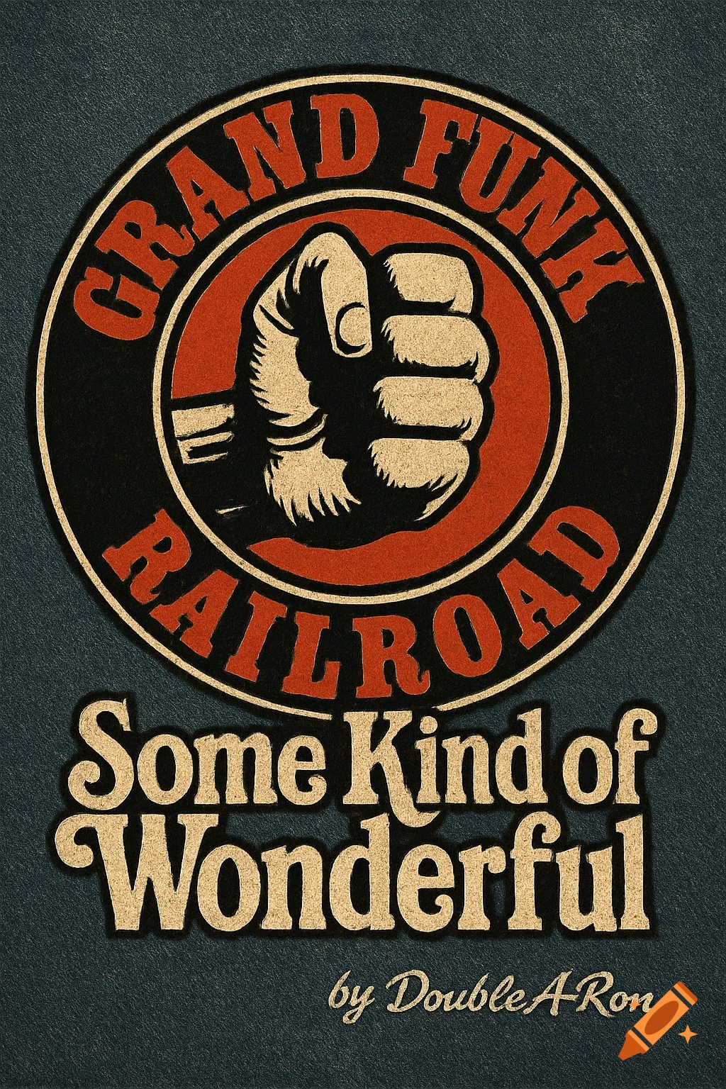 A vintage-style graphic featuring the Grand Funk Railroad logo with a ...