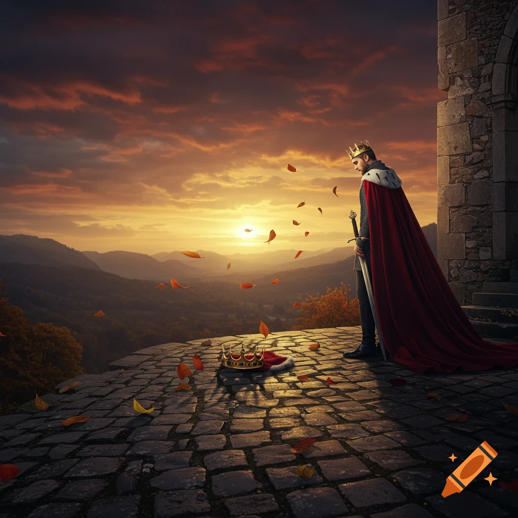 A king in a red cape stands on a castle patio, looking down at his ...