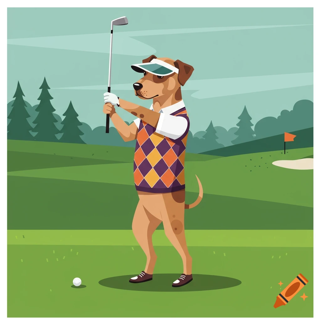 An illustrated bulldog wearing a cap and argyle sweater vest holds a ...