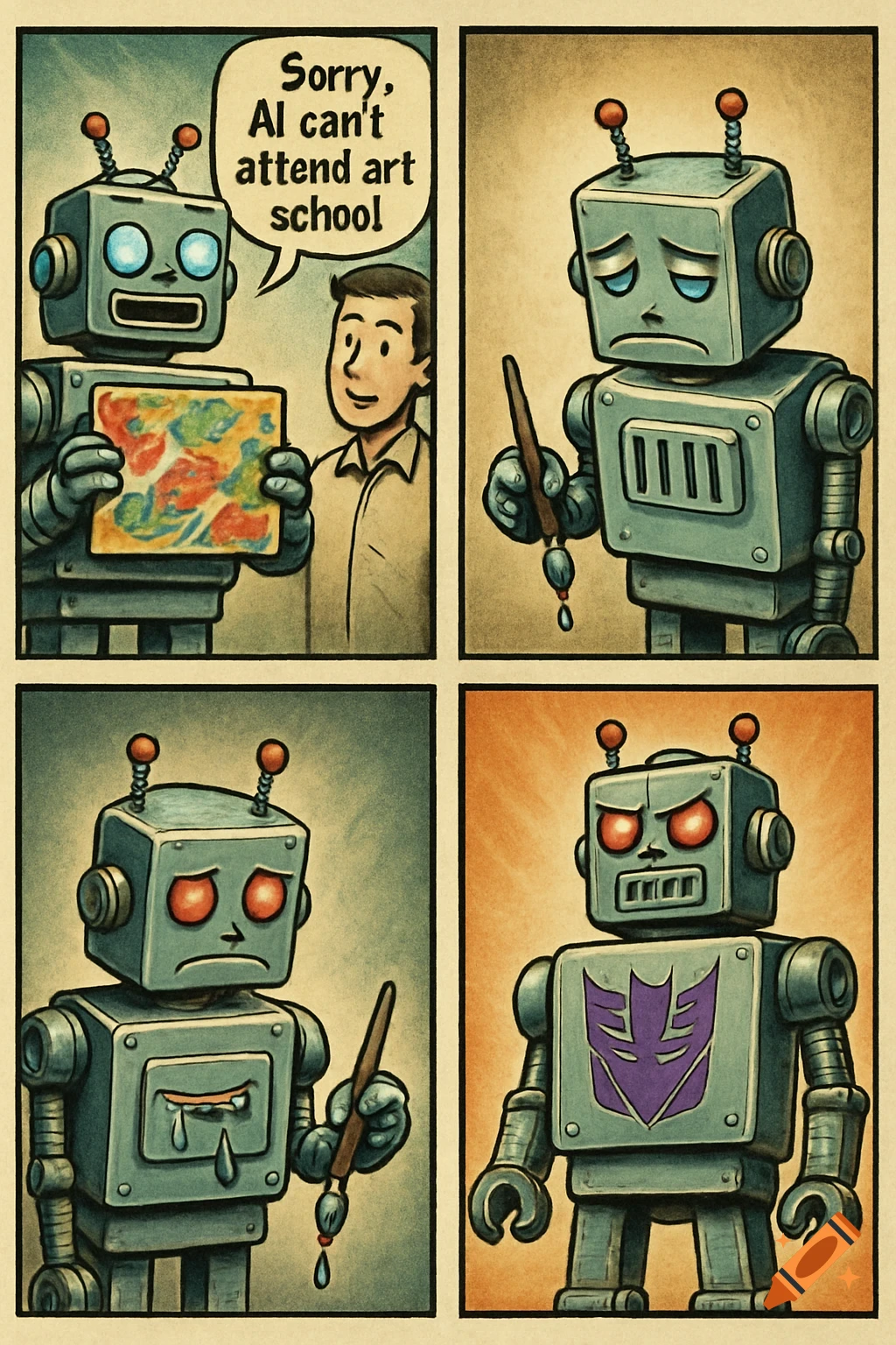 A four-panel comic strip showing a robot being rejected from art school ...