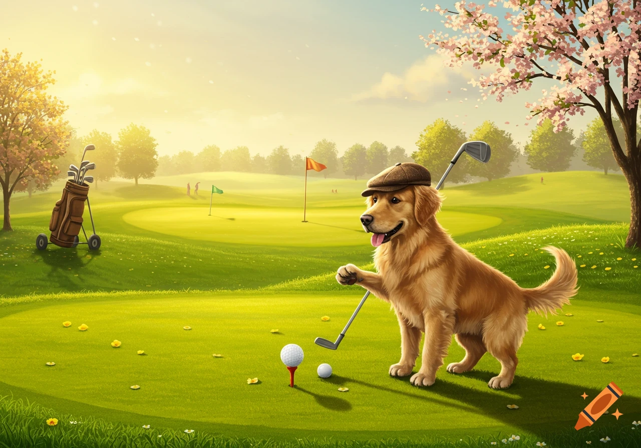 An illustrated golden retriever dog wearing a cap, holding a golf club ...